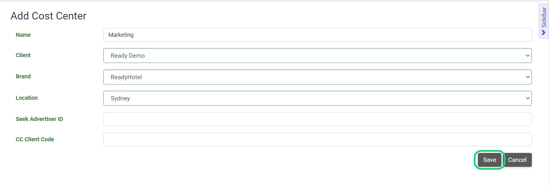 Adding a Cost Centre