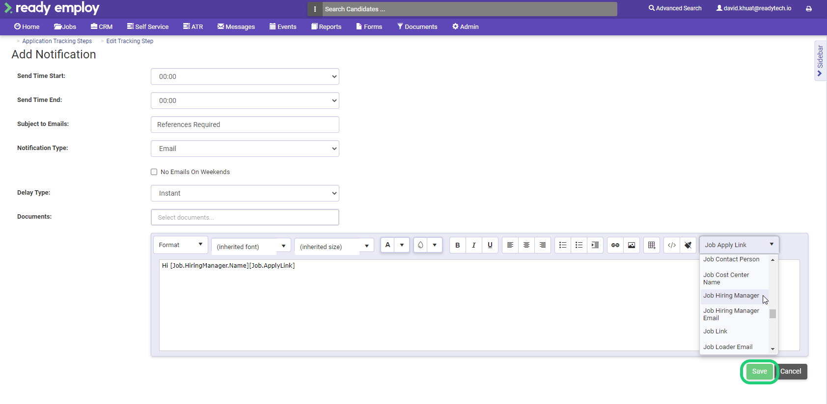 Adding an Email Notification to a Tracking Step